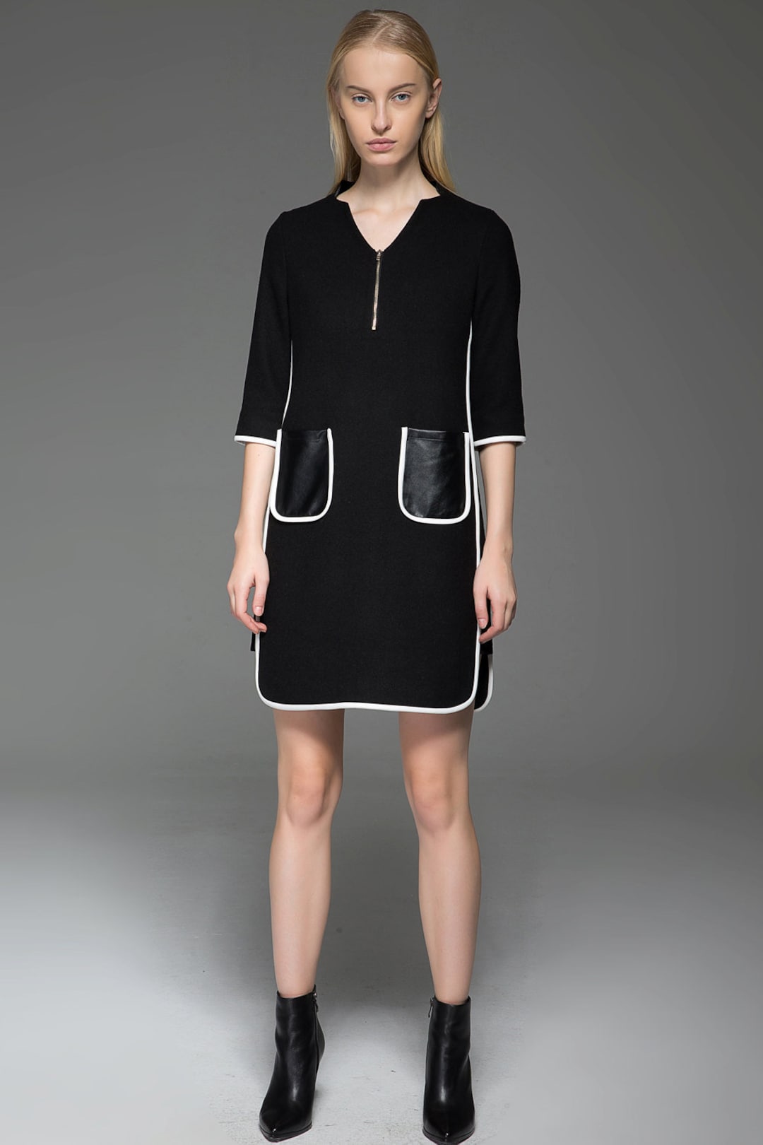 60s Style Wool Mini Dress, Black With Leather Pockets & Cream Piping ...