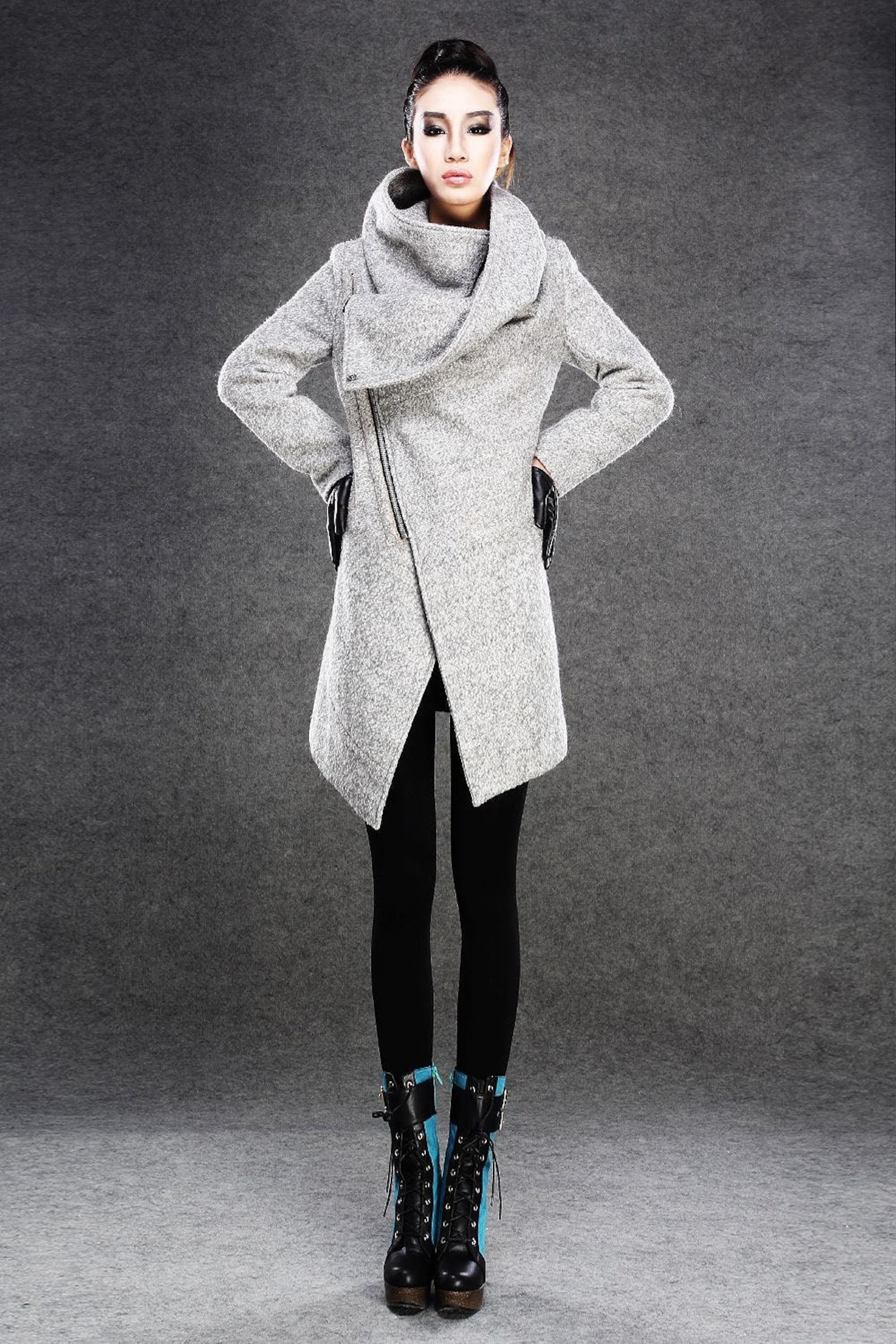 Asymmetrical Wool Coat, Winter Coat Women, Gray Wool Boucle Coat With ...