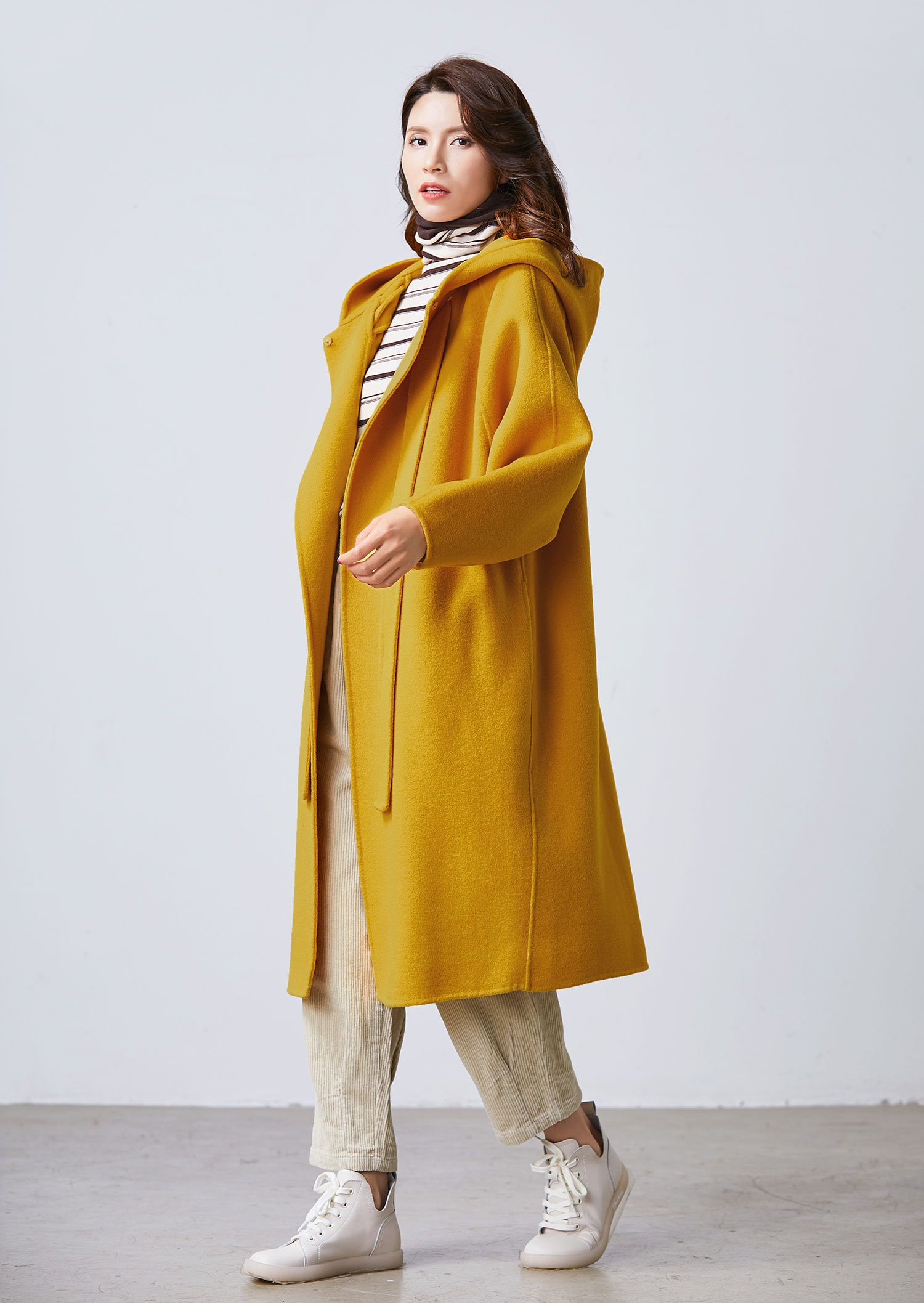 Mustard Yellow Cape Coat, Hooded Coat, Wool Coat, Wool Cape Coat, Plus ...