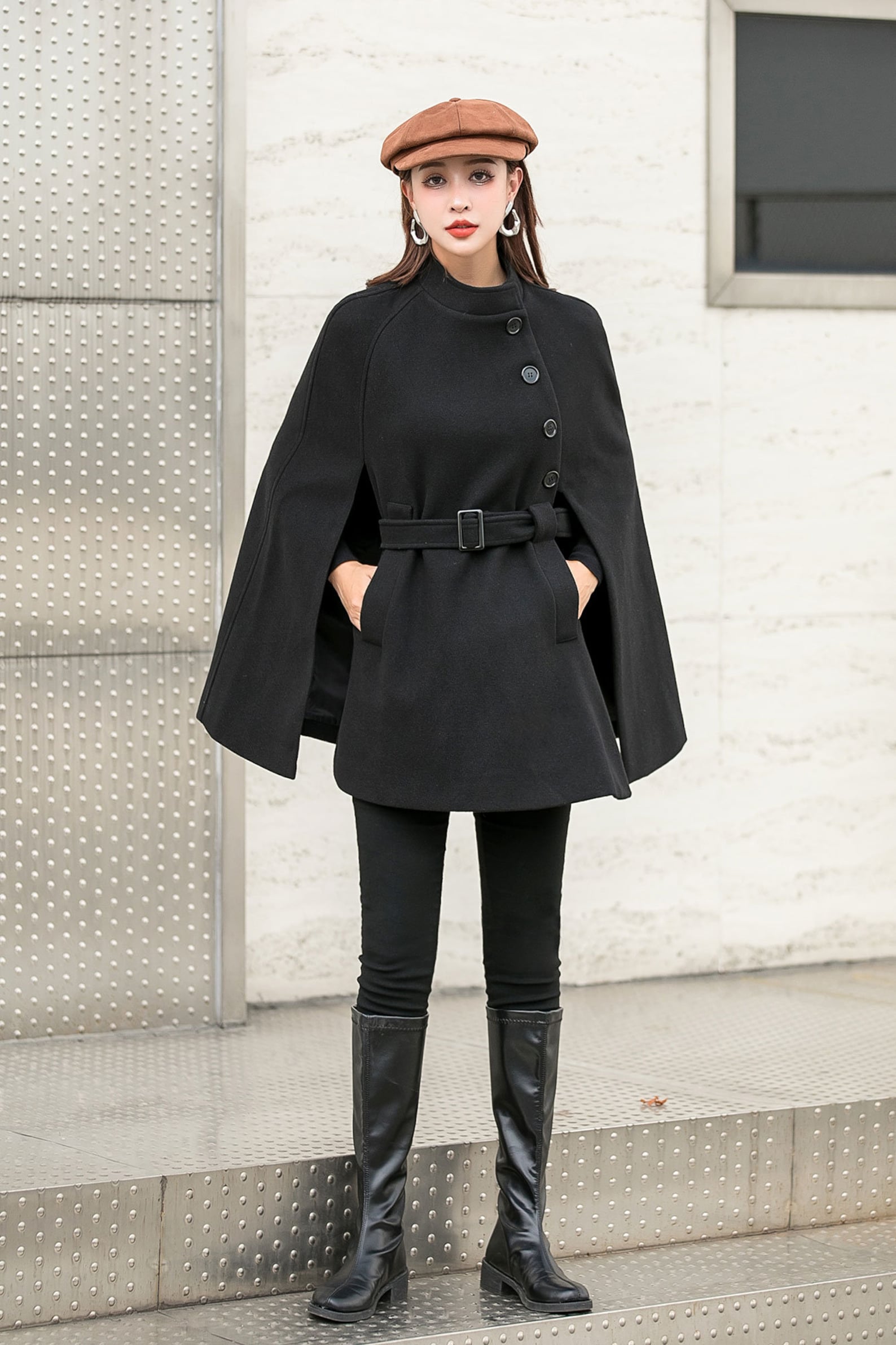Black Wool Cape Coat Women Belted Wool Cape Coat With - Etsy