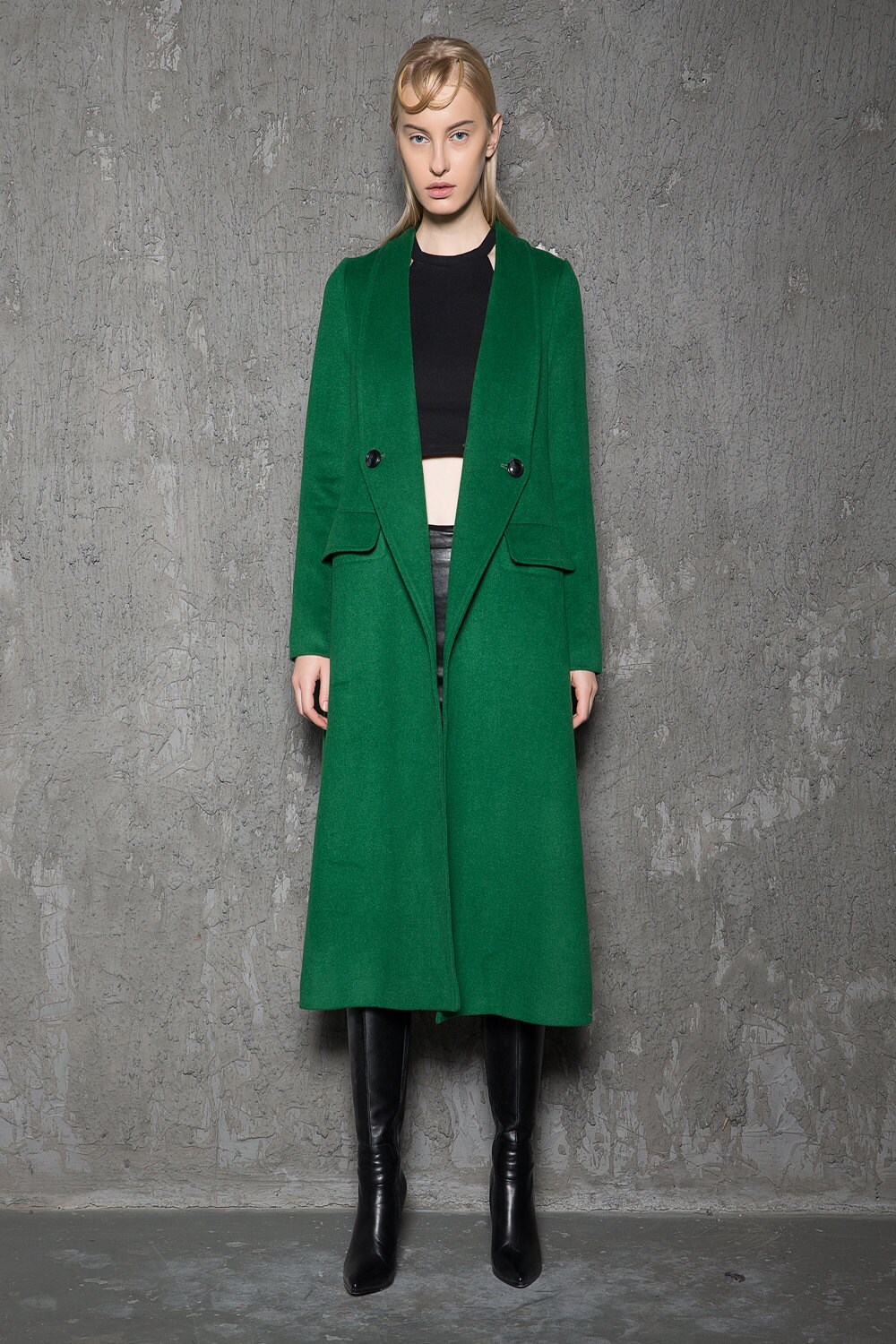 Green Wool Coat Women Lined Coat Maxi Coat Winter Coat Etsy