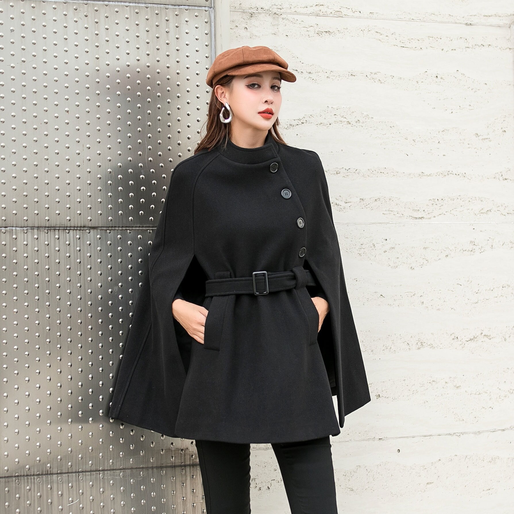 Black Wool Cape Coat Women, Belted Wool Cape Coat With Black Wool Cape Coat Women, Belted Wool Cape Coat With