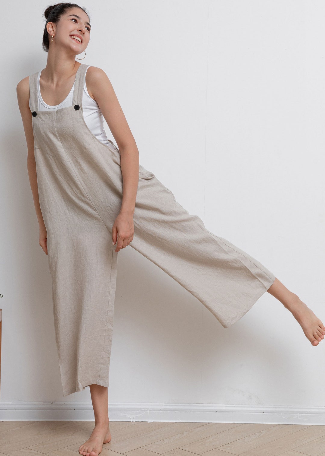 Cropped Linen Jumpsuit, Casual Linen Overalls, Wide Leg Linen Jumpsuits ...