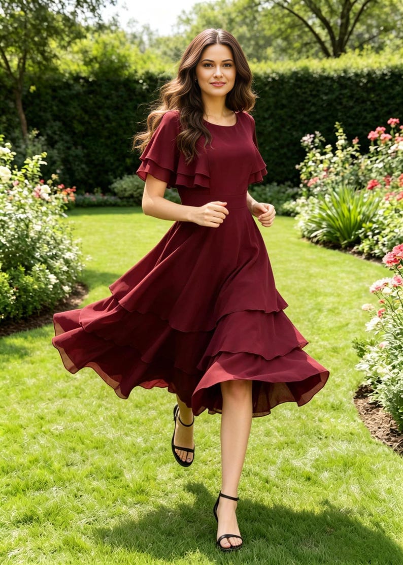 Burgundy Tiered Chiffon Midi Dress for Wedding Guest, Flutter Sleeve ...