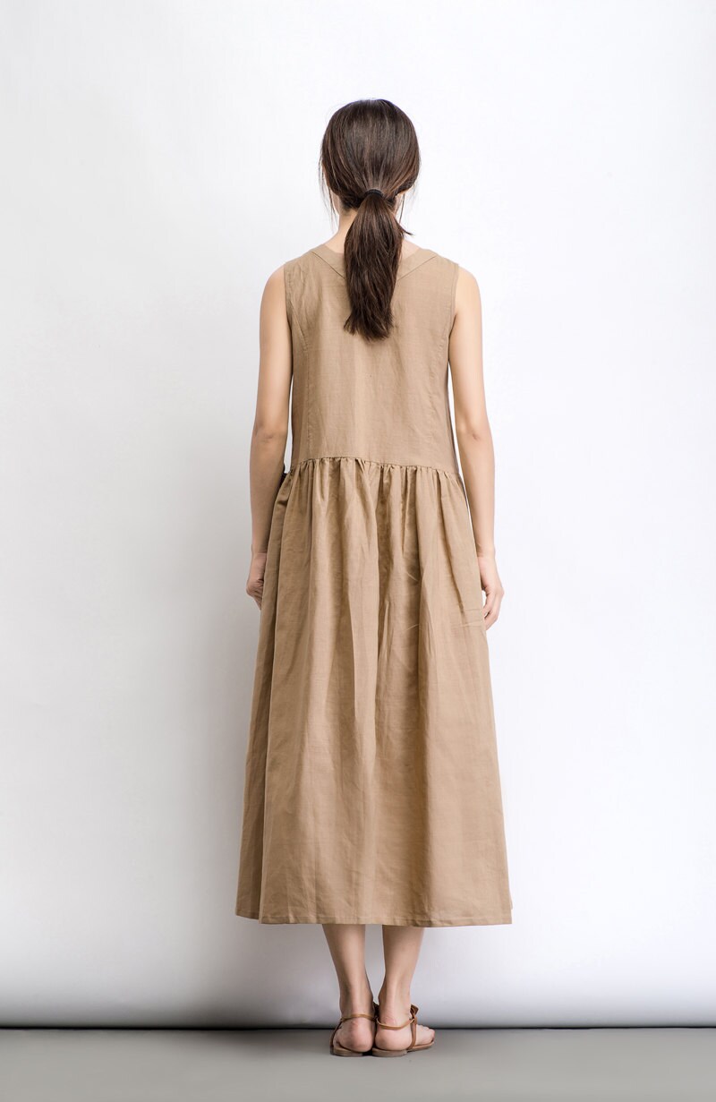 Beige Linen Dress Maxi Neutral Color V-neck Sleeveless | Etsy