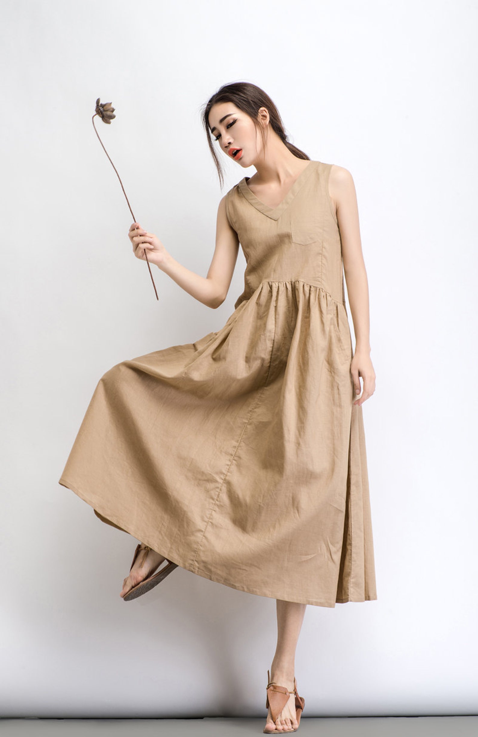 Beige Linen Dress Maxi Neutral Color V Neck Sleeveless Etsy