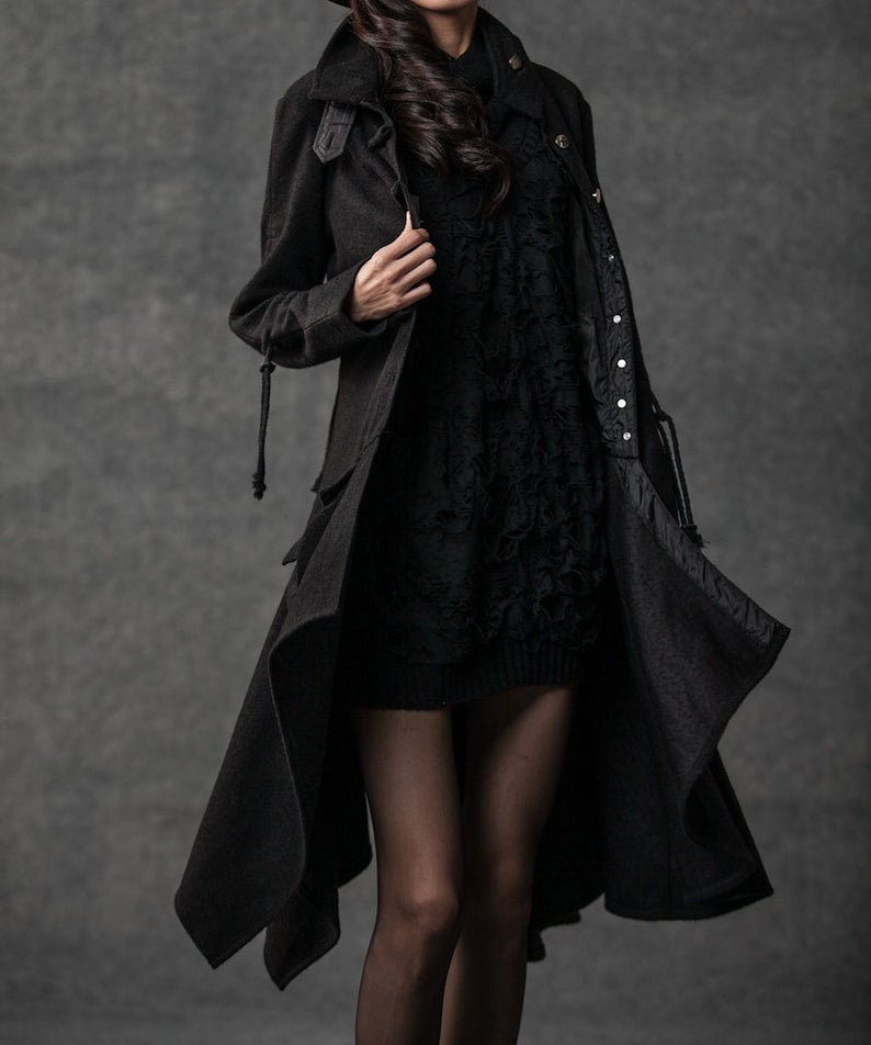 Asymmetrical Gothic Winter Coat Women, Black Wool Pixie Coat ...