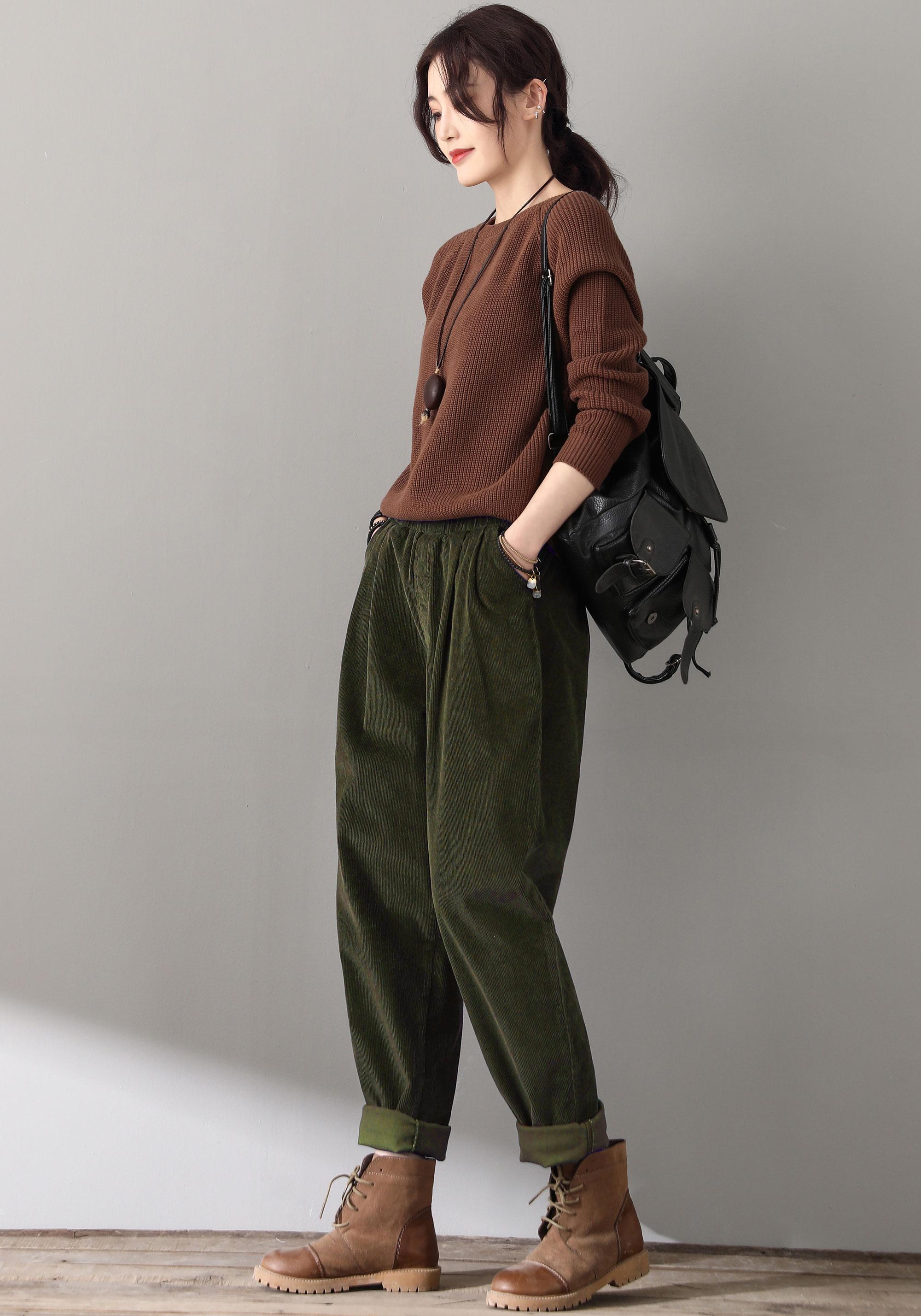 Olive Green Corduroy Harem Pants: Women Oversized Boho Trousers ...