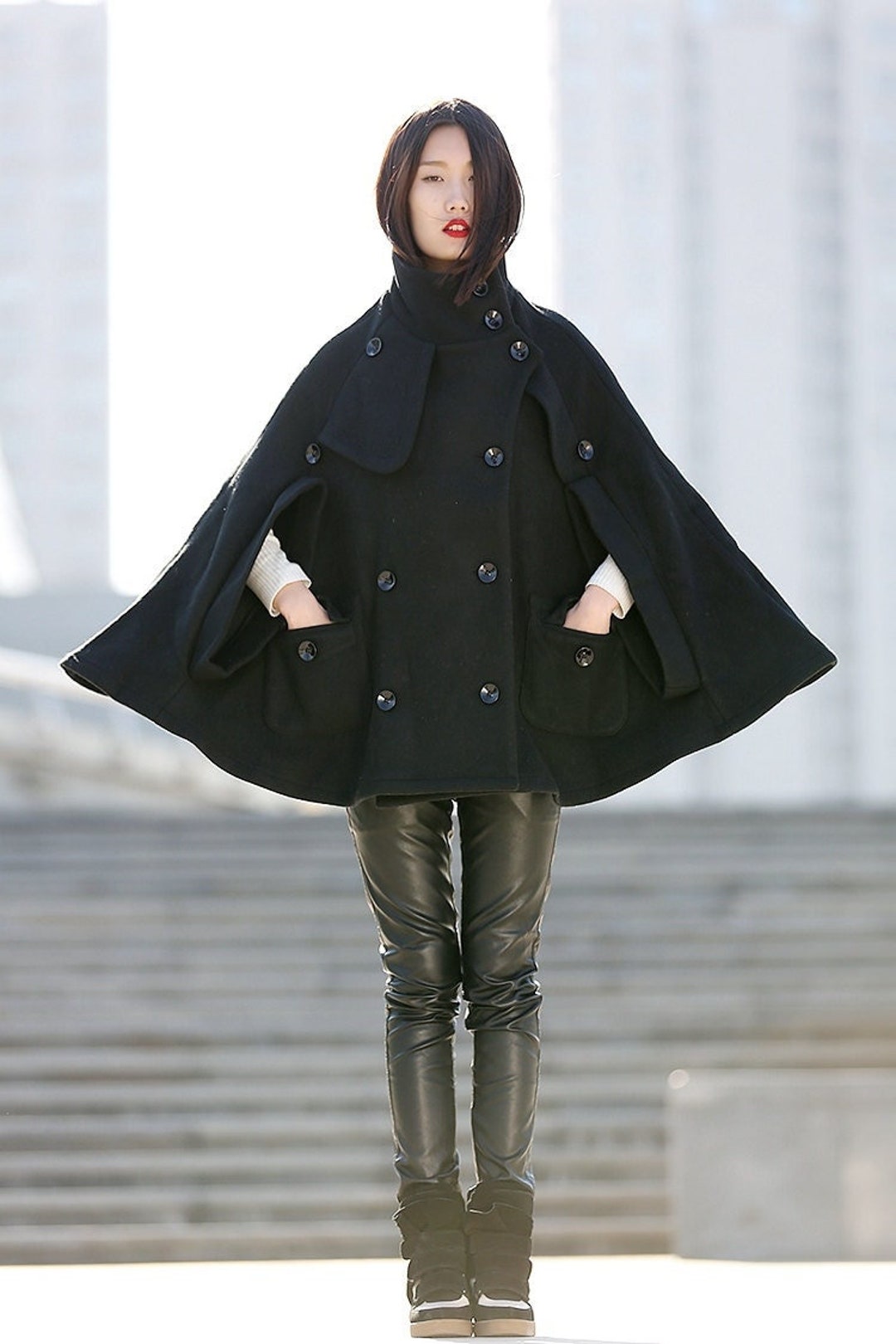 Wool Cape Coat, Winter Wool Cape Coat, Womens Wool Cape Coat, Black ...