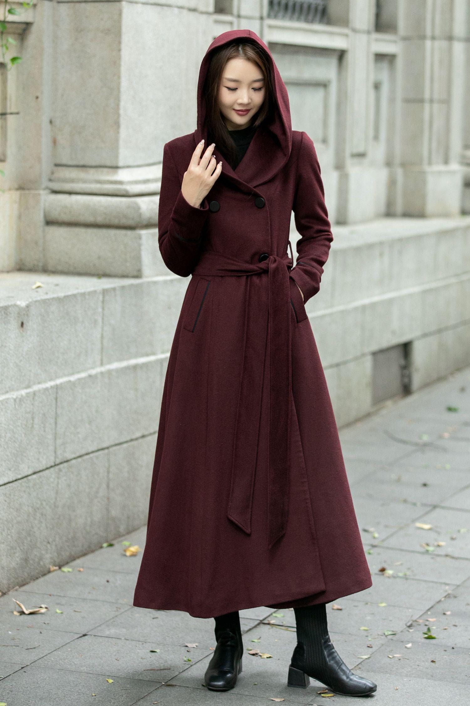 Hooded Wool Coat, Maxi Wool Coat, Burgundy Wool Coat, Long Wool Coat ...