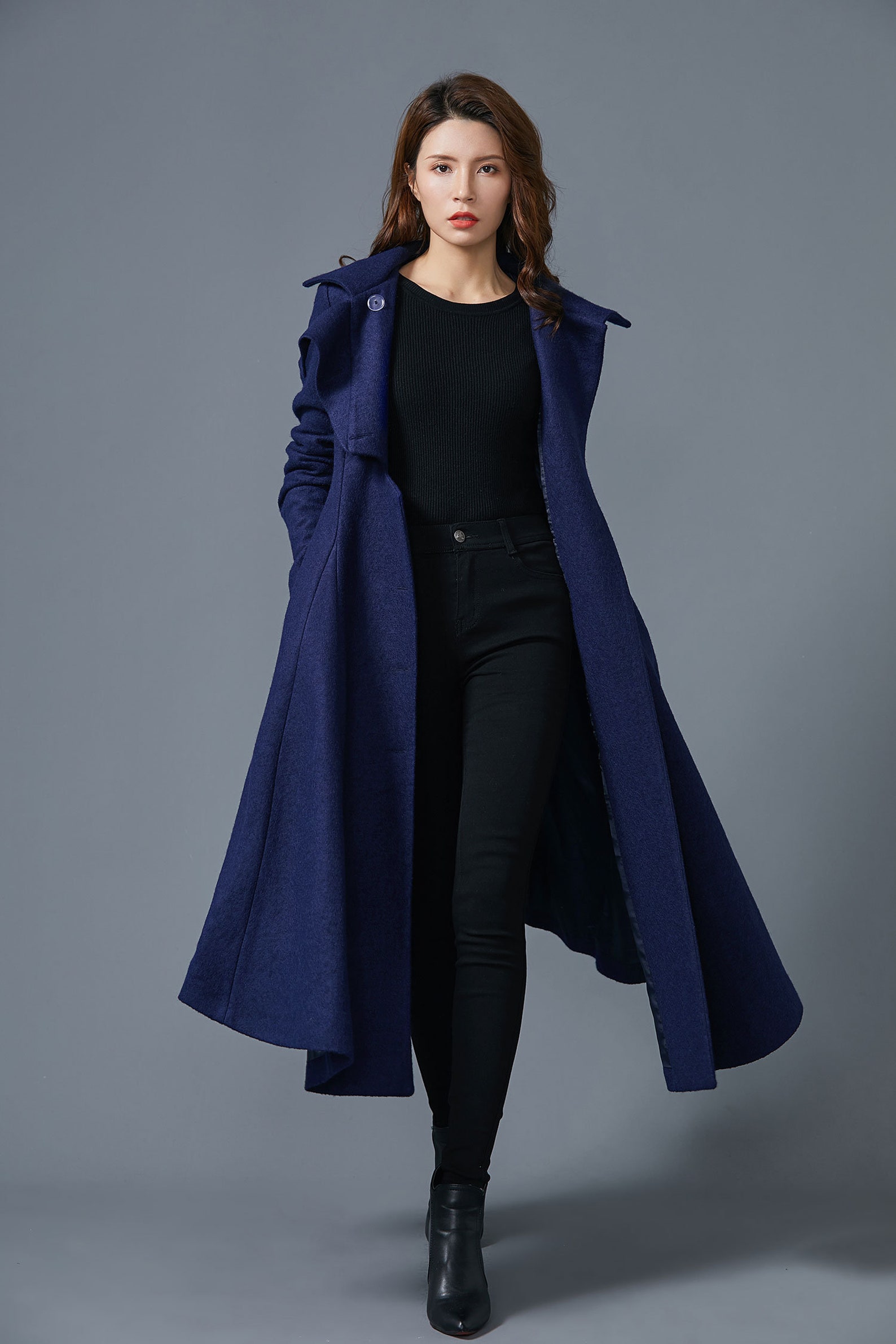 Hooded Wool Coat Women Blue Wool Winter Coat Asymmetric Long - Etsy