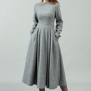 Wool Dress, Swing Wool Dress Women, Gray Pleated Wool Dress, Long ...