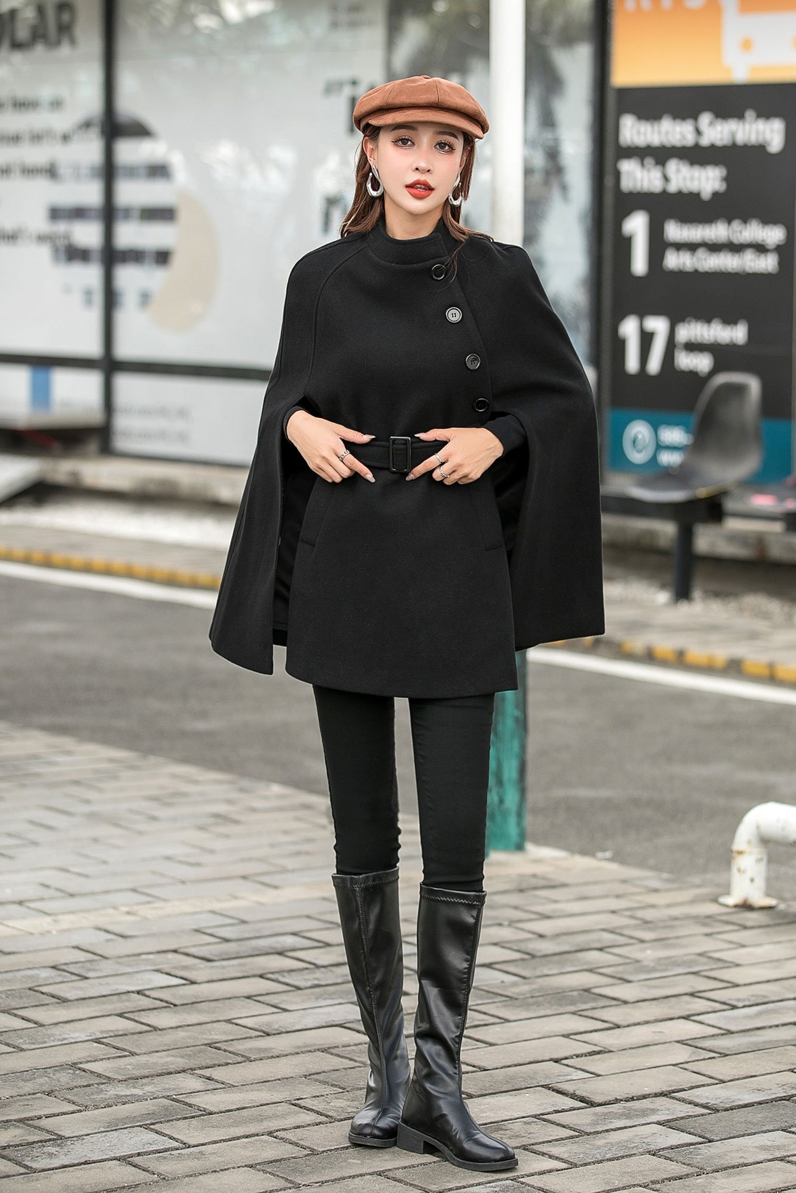 Black Wool Cape Coat Women, Belted Wool Cape Coat With Pockets ...