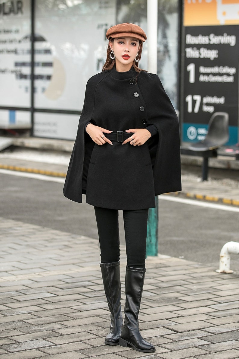 Black Wool Cape Coat Women Belted Wool Cape Coat With - Etsy