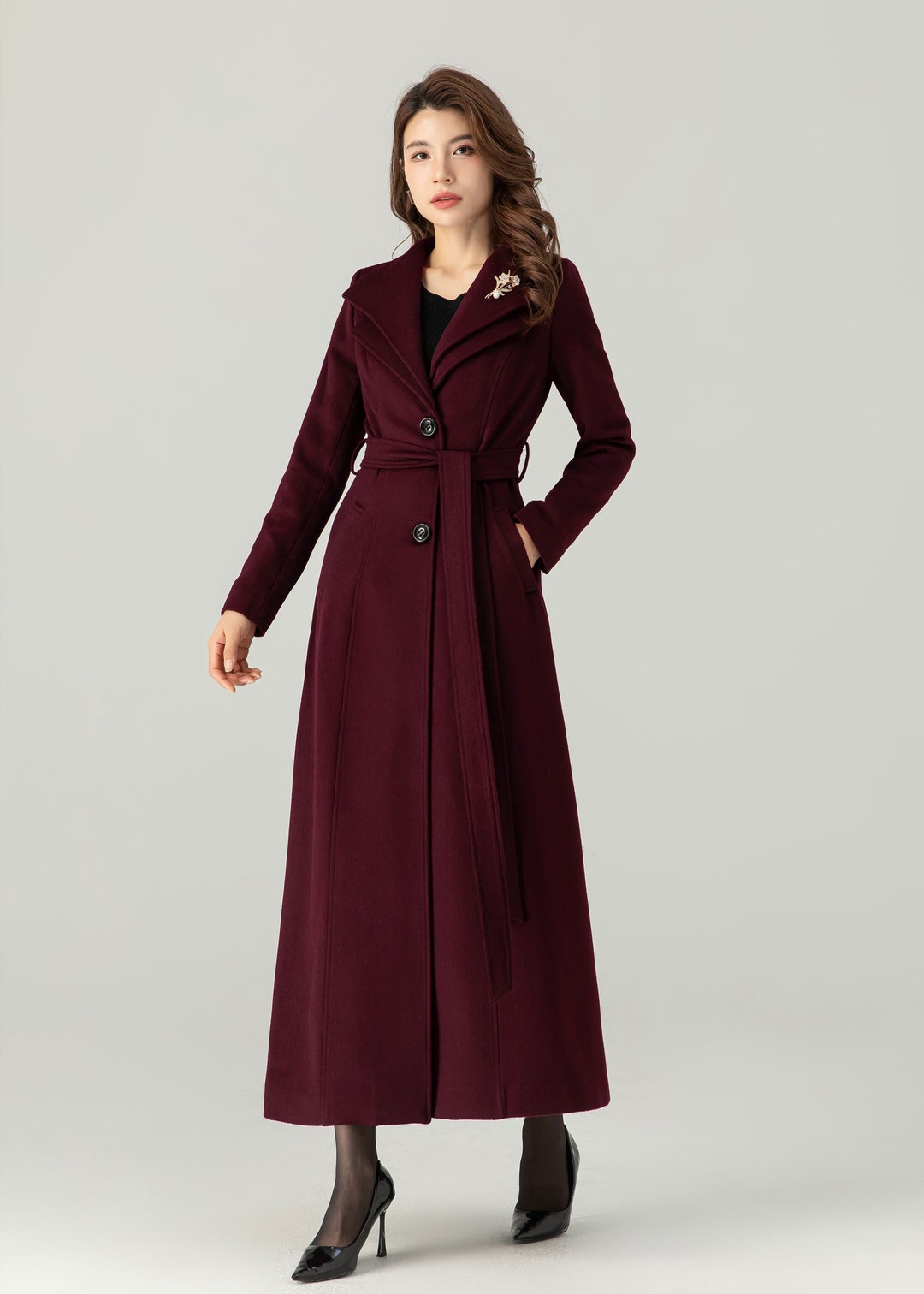 Burgundy Long Wool Coat Women, Winter Wool Coat Women, Wool Trech Coat ...