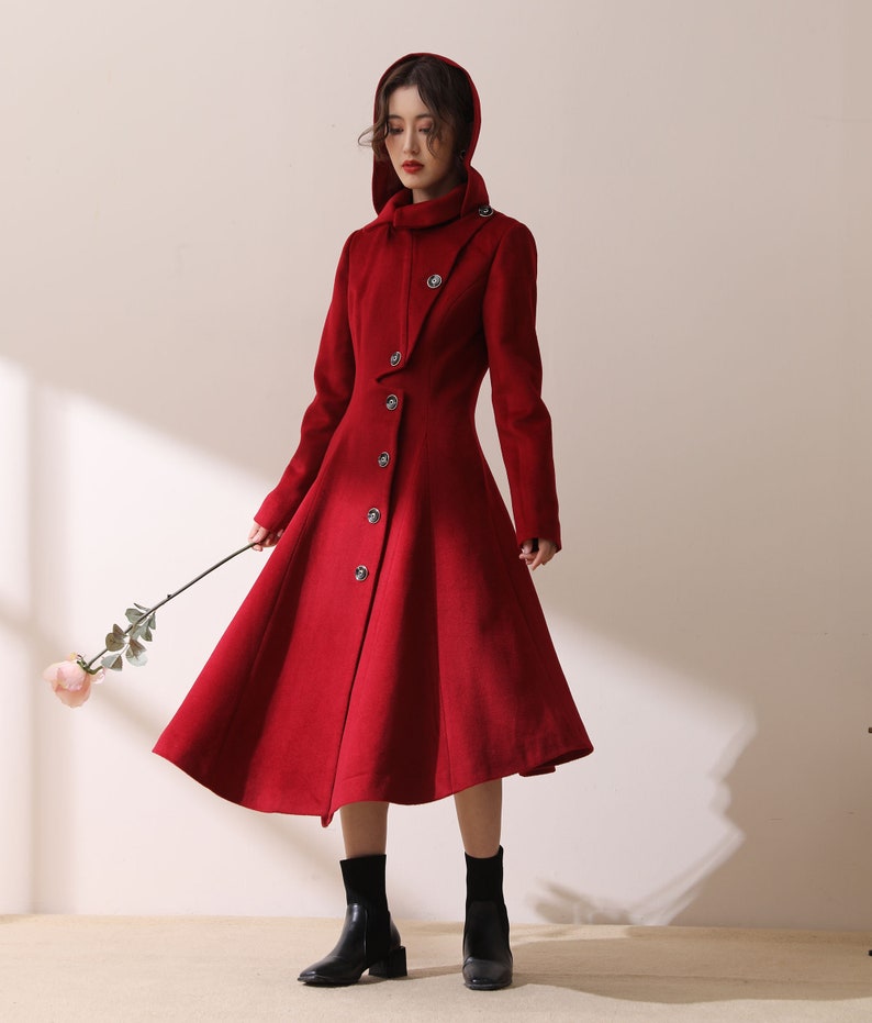 Red Wool Coat Asymmetric Wool Coat Long Wool Coat Hooded - Etsy