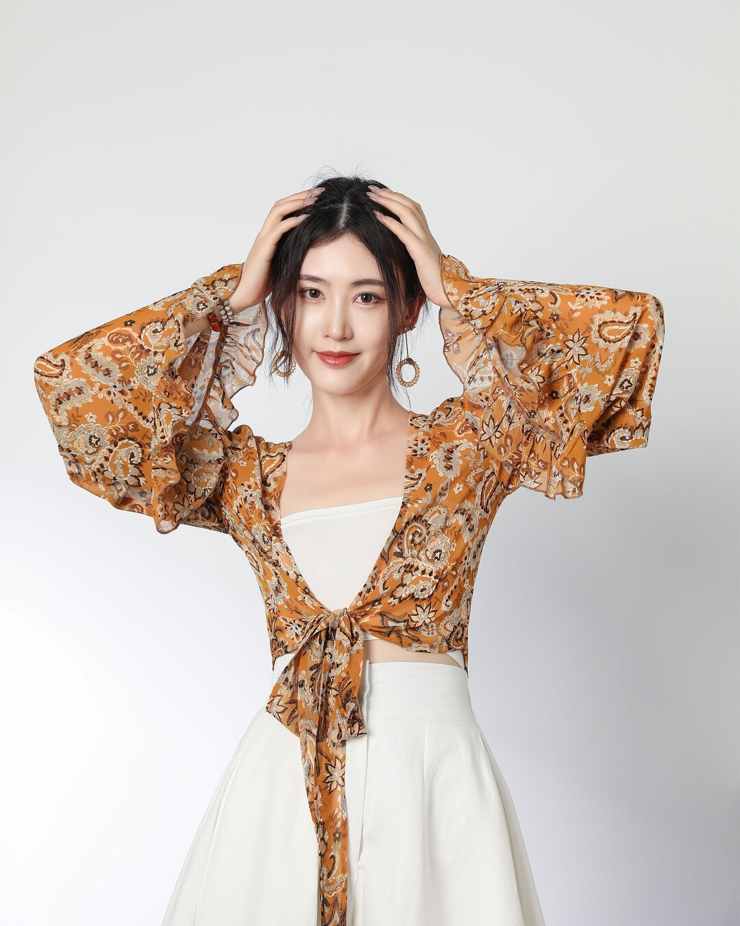 Floral Chiffon Top Summer, Sheer Tie Wrap Blouse, Chiffon Crop Tops ...