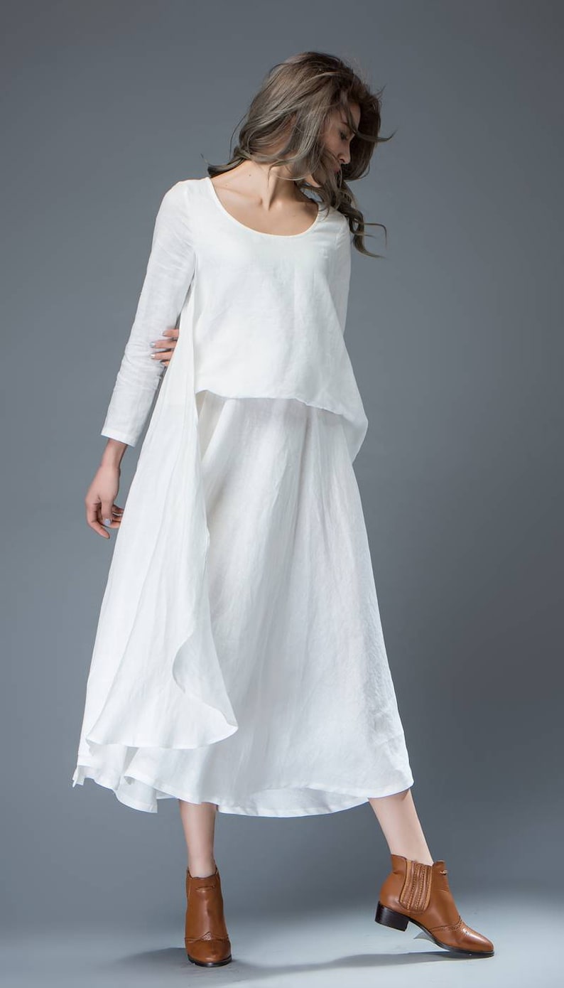 White Linen Dress Layered Flowing Elegant Long Sleeve Long Etsy