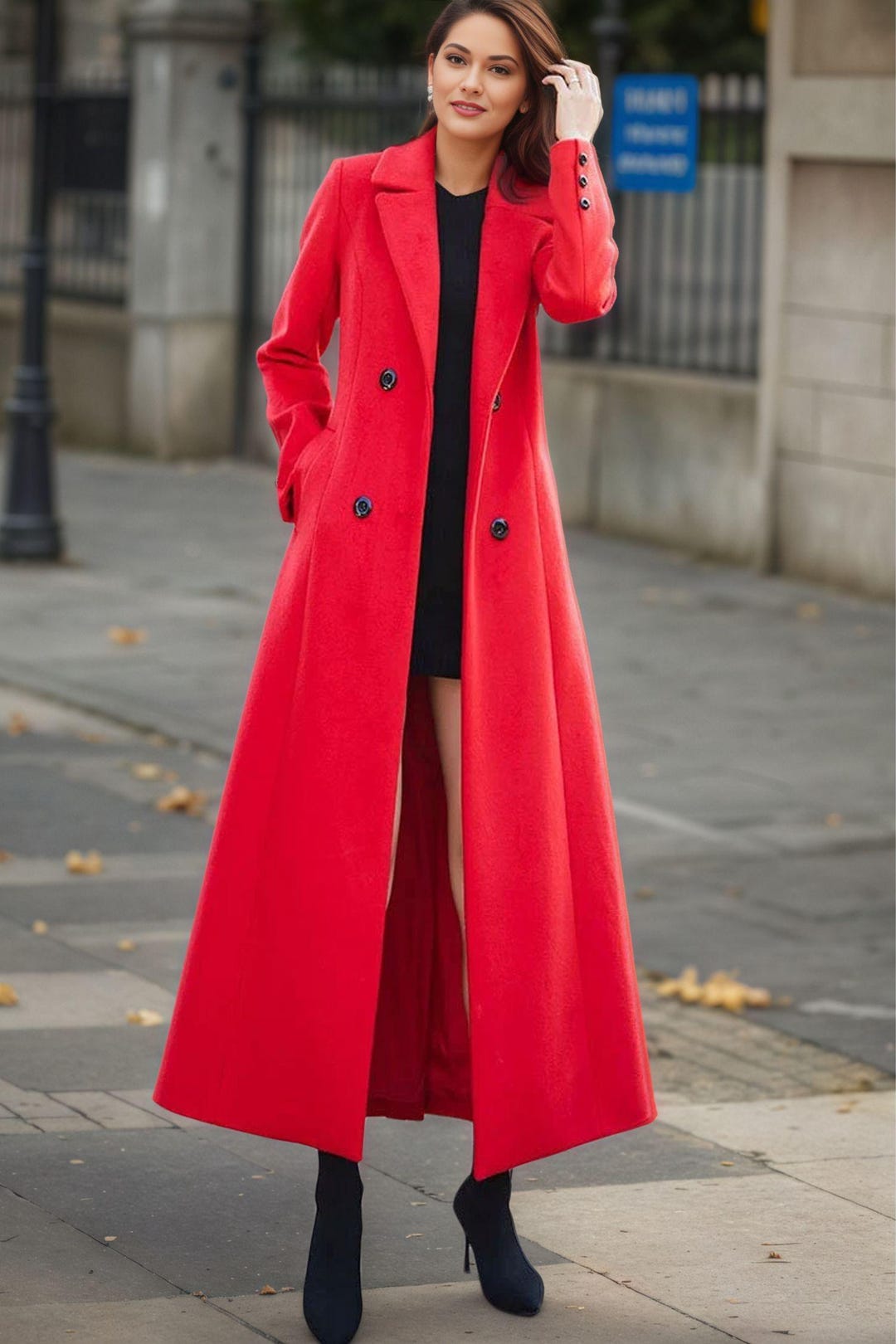Red Wool Coat, Long Wool Coat, Double-breasted Wool Coat, Belted Wool ...