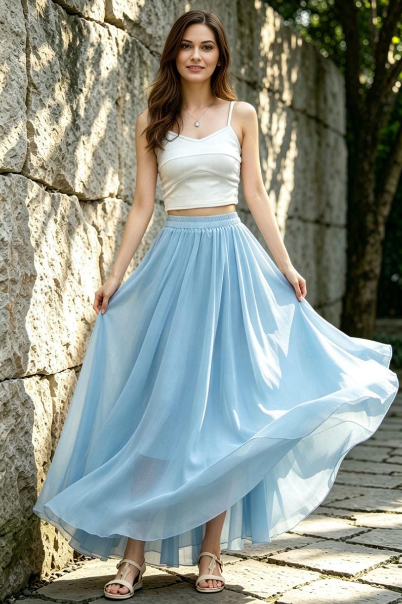 Blue Chiffon Maxi Skirt, Circle Chiffon Swing Skirt, Summer Bohemian ...