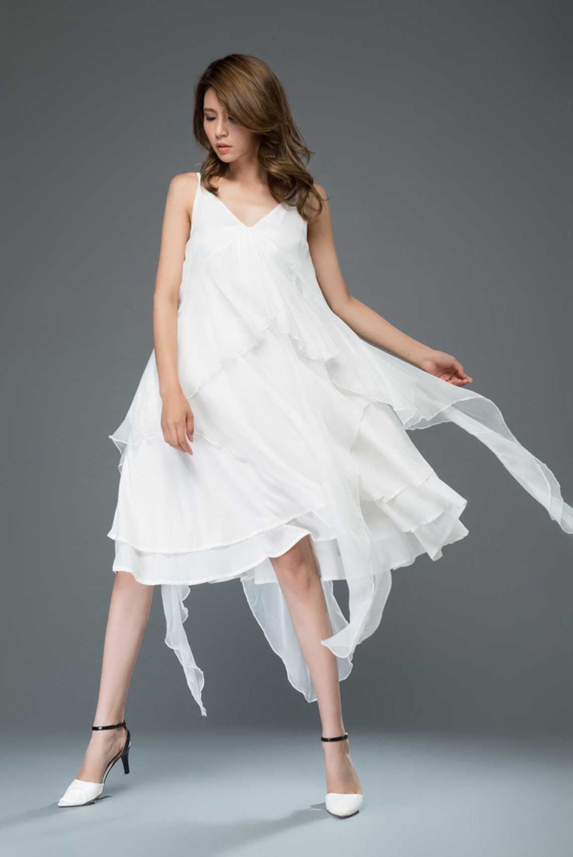 White chiffon dress prom dress flare dress sexy dress | Etsy