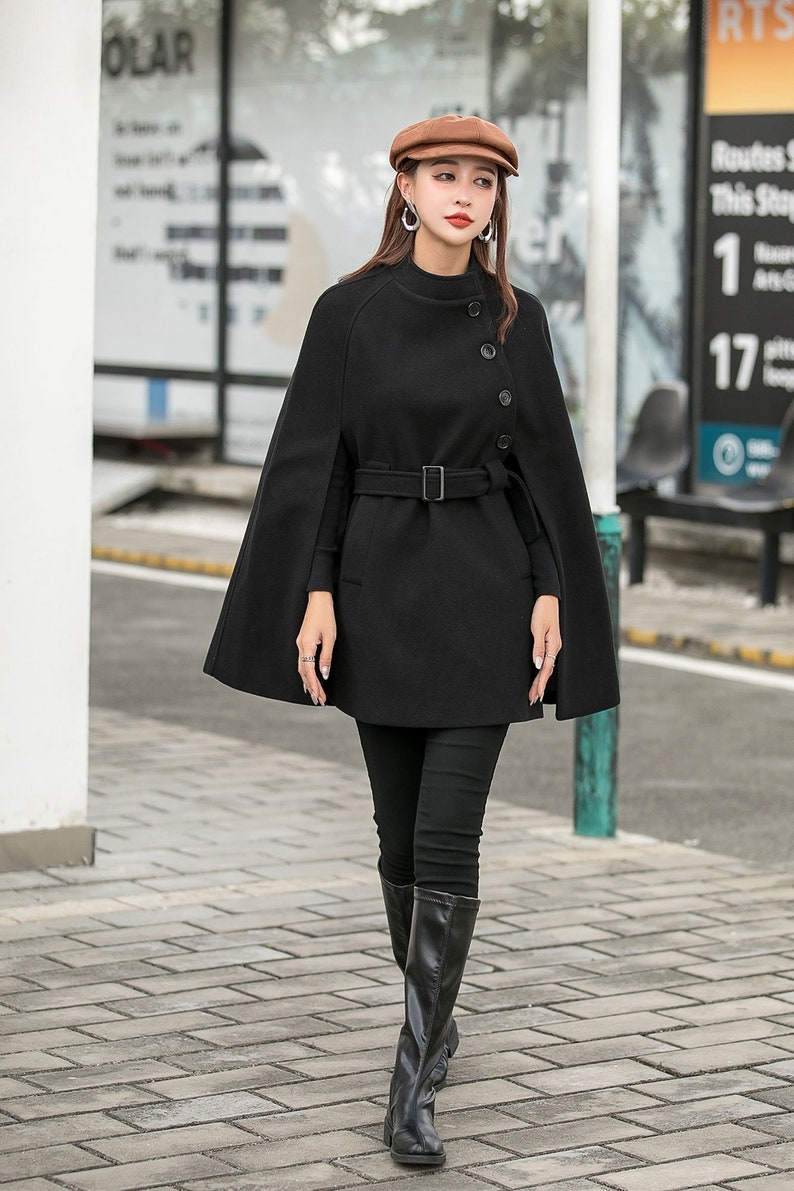 Black Wool Cape Coat Women, Belted Wool Cape Coat With Pockets ...
