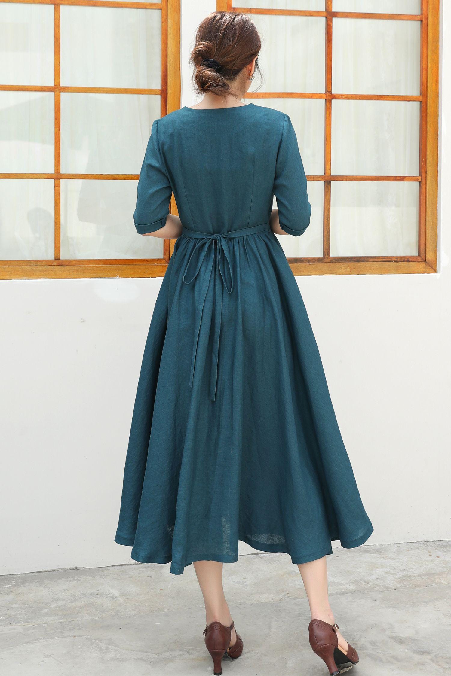 Shirt Linen Dress, Button Front Linen Midi Dress, A-line Dress, Womens ...