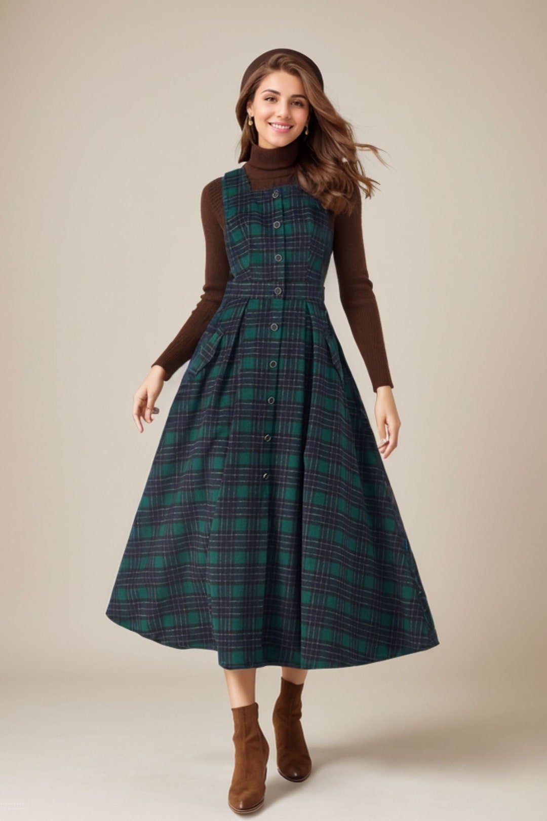 Pinafore Wool Dress, Plaid Wool Dress, Winter Wool Dress, Wool Midi ...