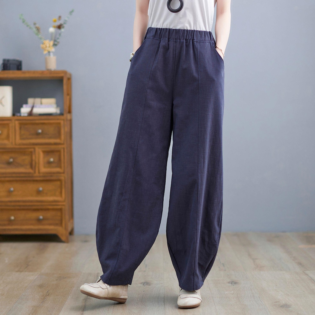 Navy Blue Loose Fit Linen Pants With Elastic Waist, Casual Linen Pants ...