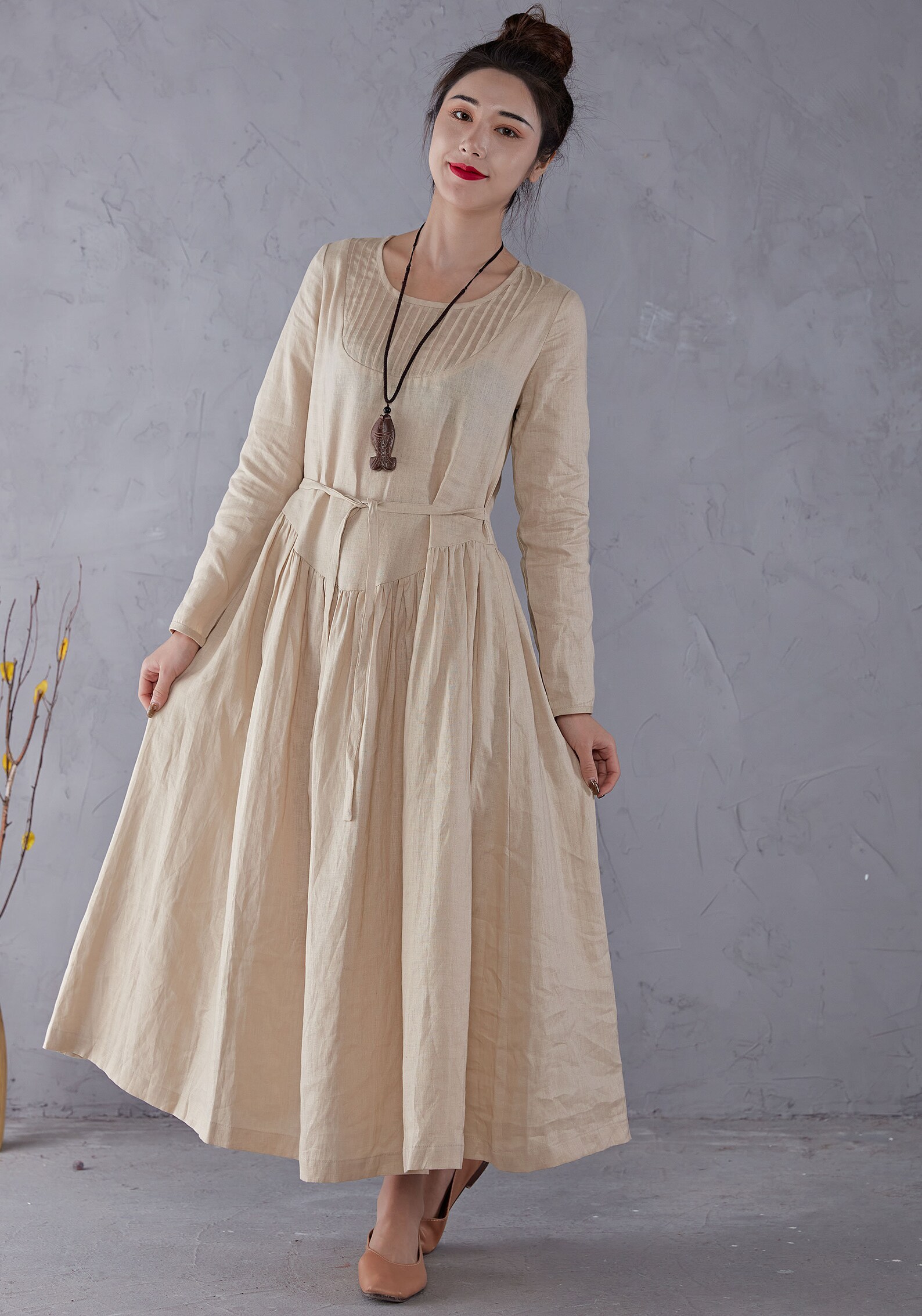 Linen Dress Beige Linen Dress Long sleeve Linen Dress Long | Etsy