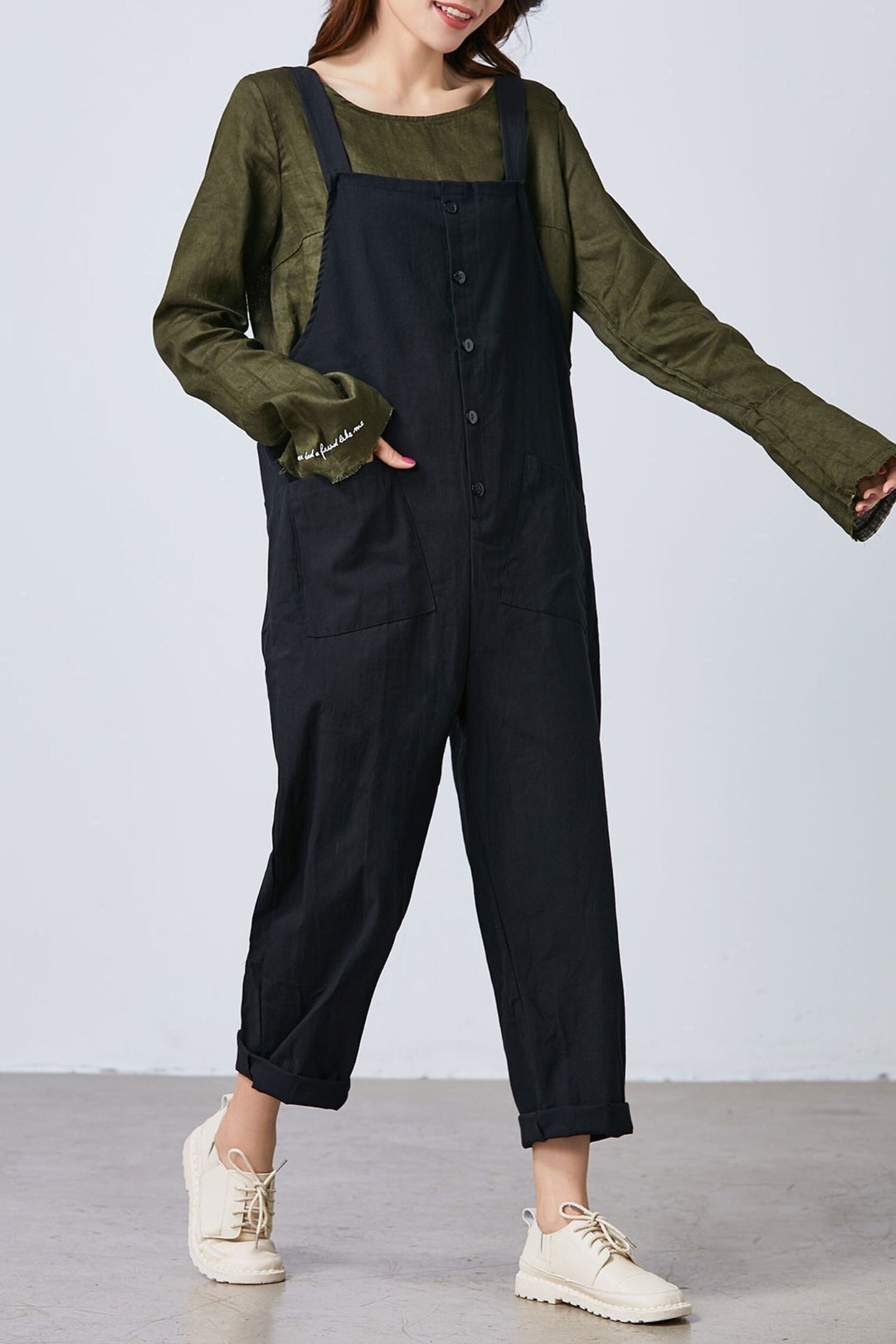 Black Linen Overalls, Loose Overalls Women, Maternity Overalls, Harem ...