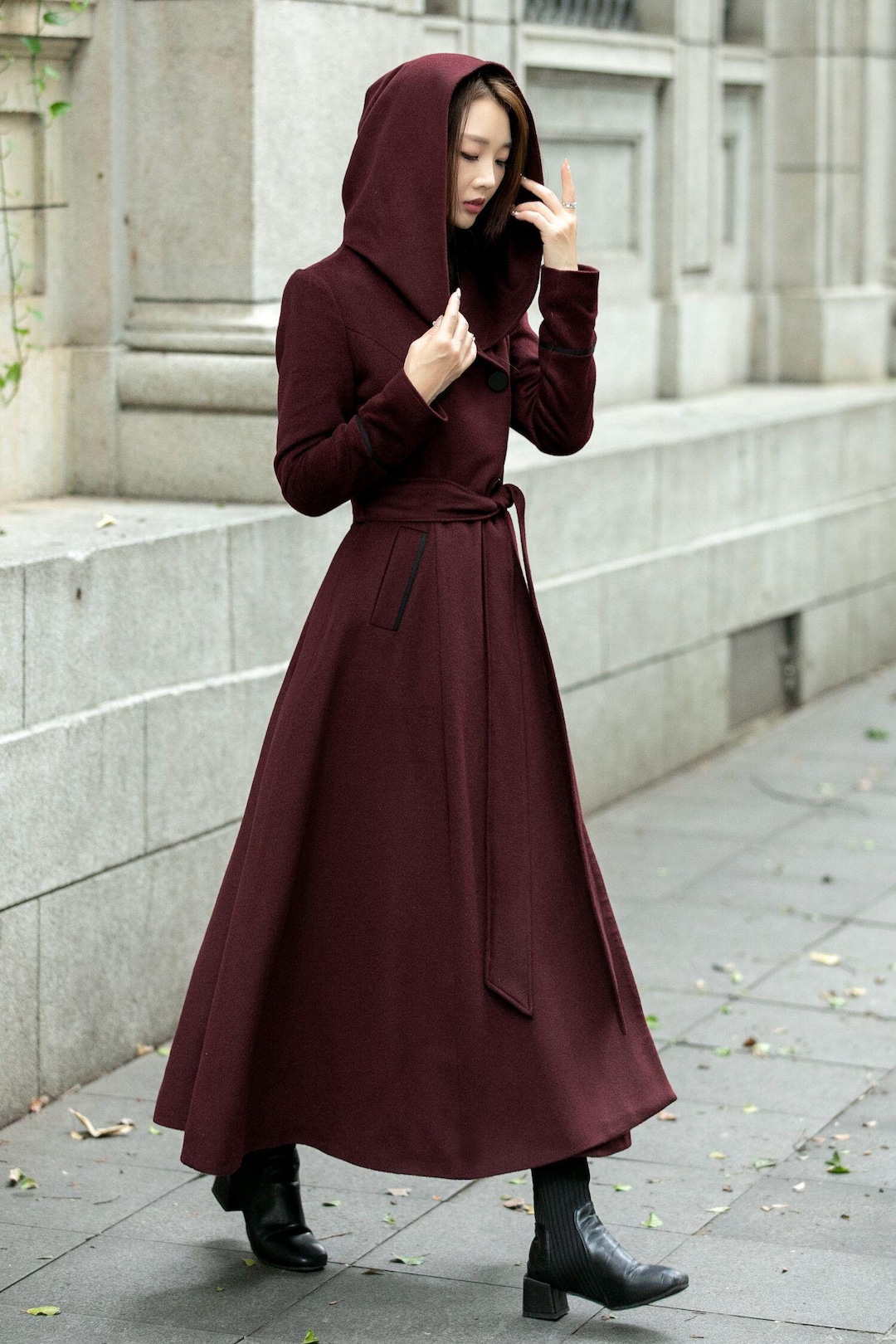 Hooded Wool Coat, Maxi Wool Coat, Burgundy Wool Coat, Long Wool Coat ...