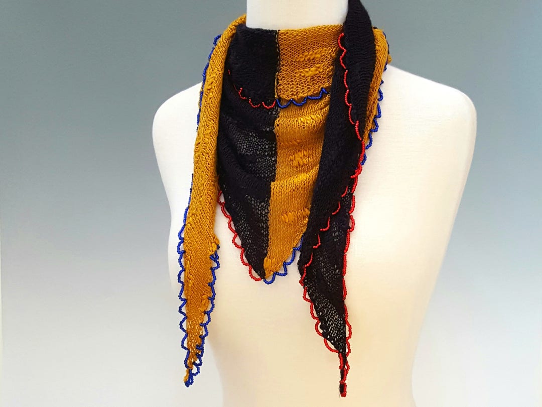Scarf, Black and Gold Silk Knit,triangular With Blue and Red Seed Bead ...