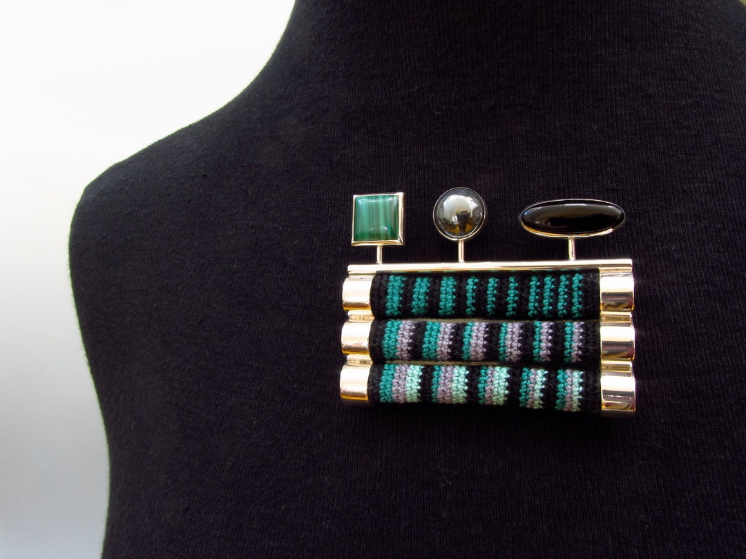 Handcrafted Pin, Miniature Crochet Brooch, Sterling Silver, Malacite ...