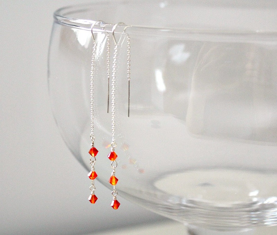 Fire Opal Swarovski Crystal Threader Earrings, Sterling Silver Dangle ...