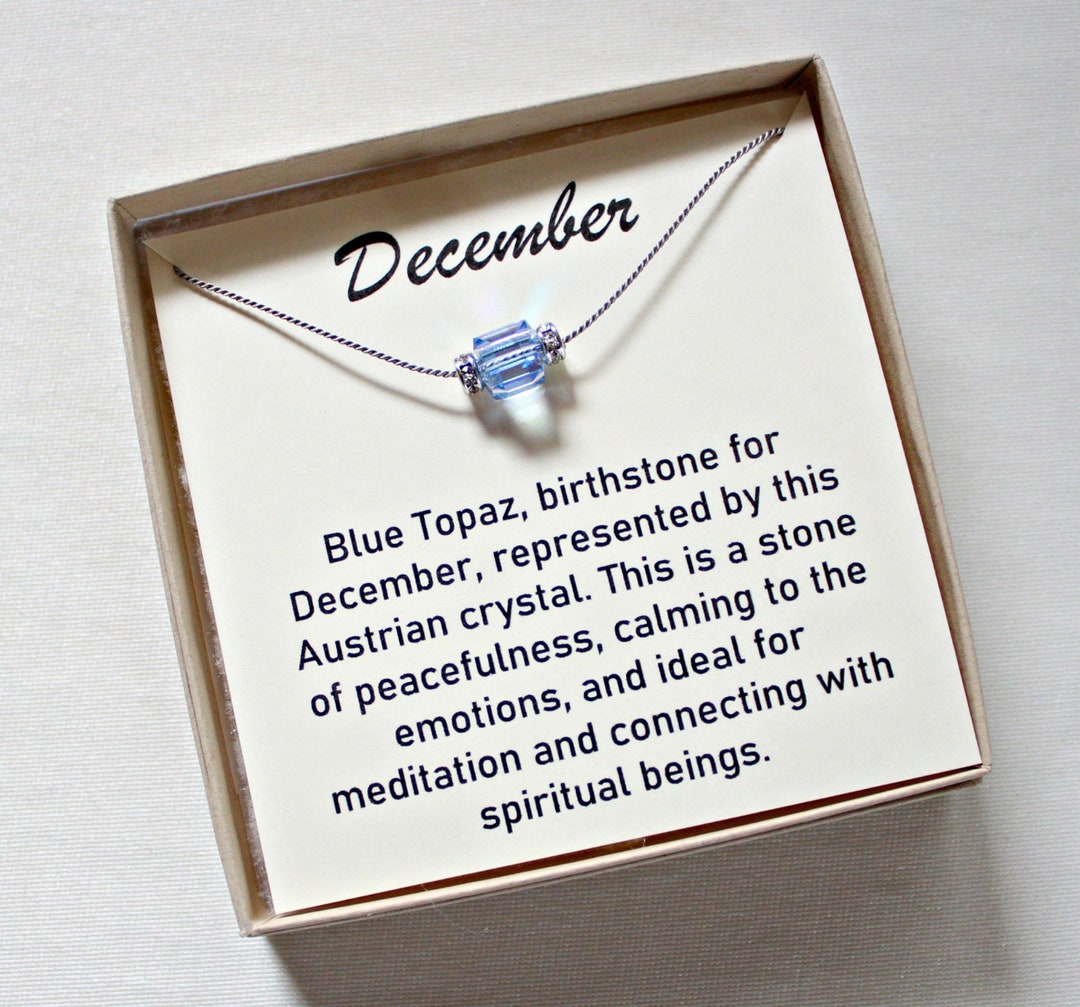 Blue Topaz December Birthstone Necklace: Single Swarovski Crystal Cube ...
