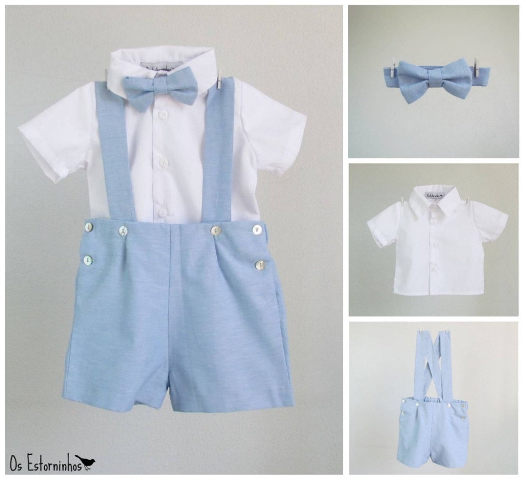 Boys Outfit - Light Blue Light Oxford Cotton Blend Shortalls, Bow Tie ...