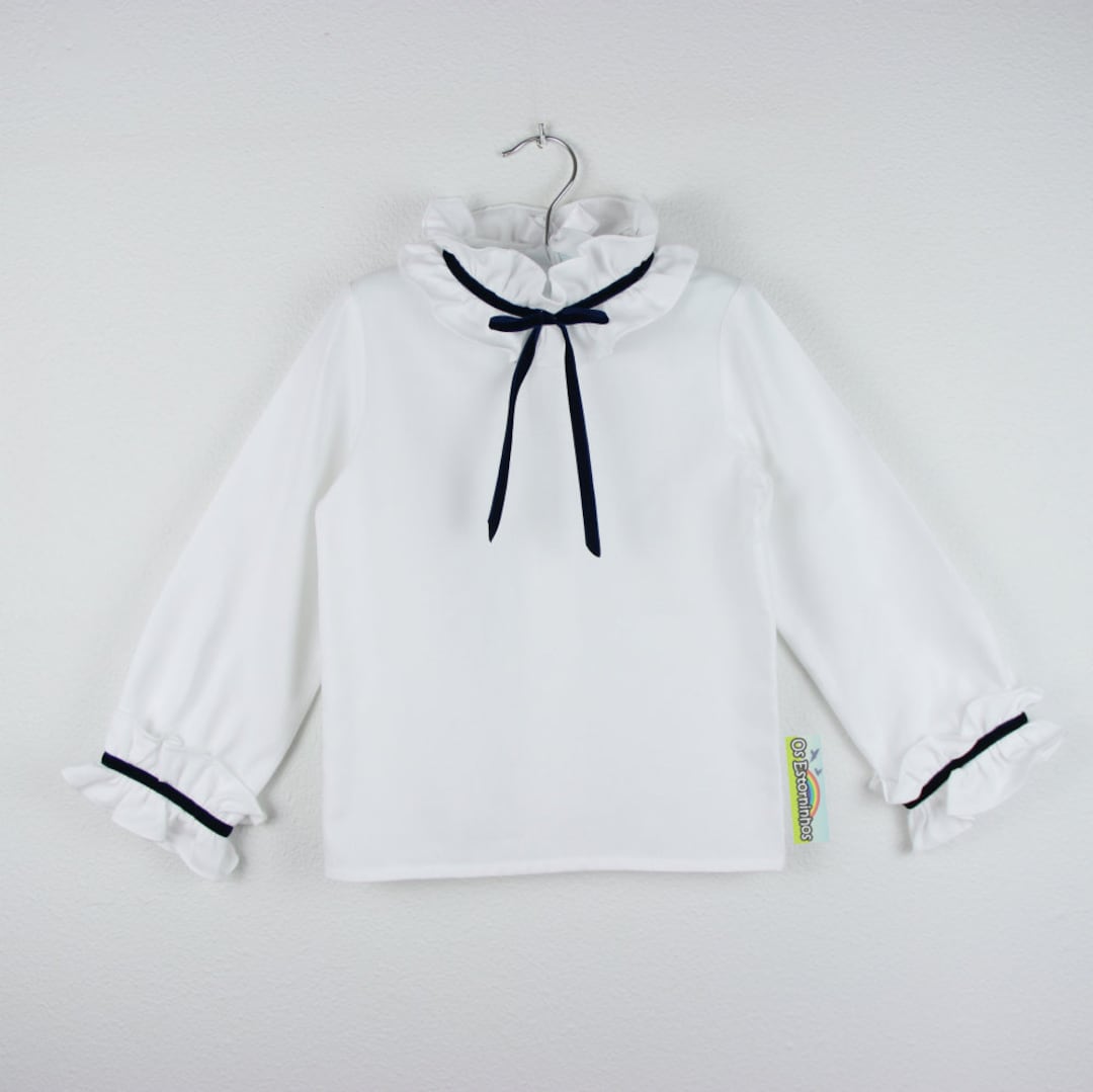 White Cotton Girl Blouse With Ruffle Collar - Bow Available in Various ...