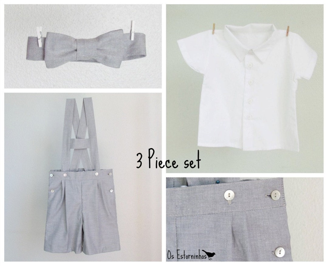 Boys Outfit - Oxford Cotton Blend Shortalls With H Bar Suspenders, Bow ...