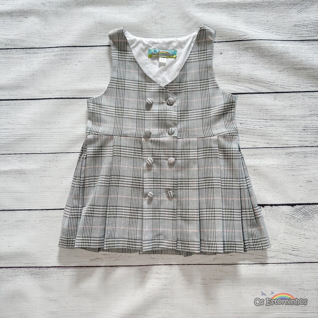 Girls Pinafore Dress - Gray and Pink Plaid Pleated Pinafore Dress - Etsy UK
