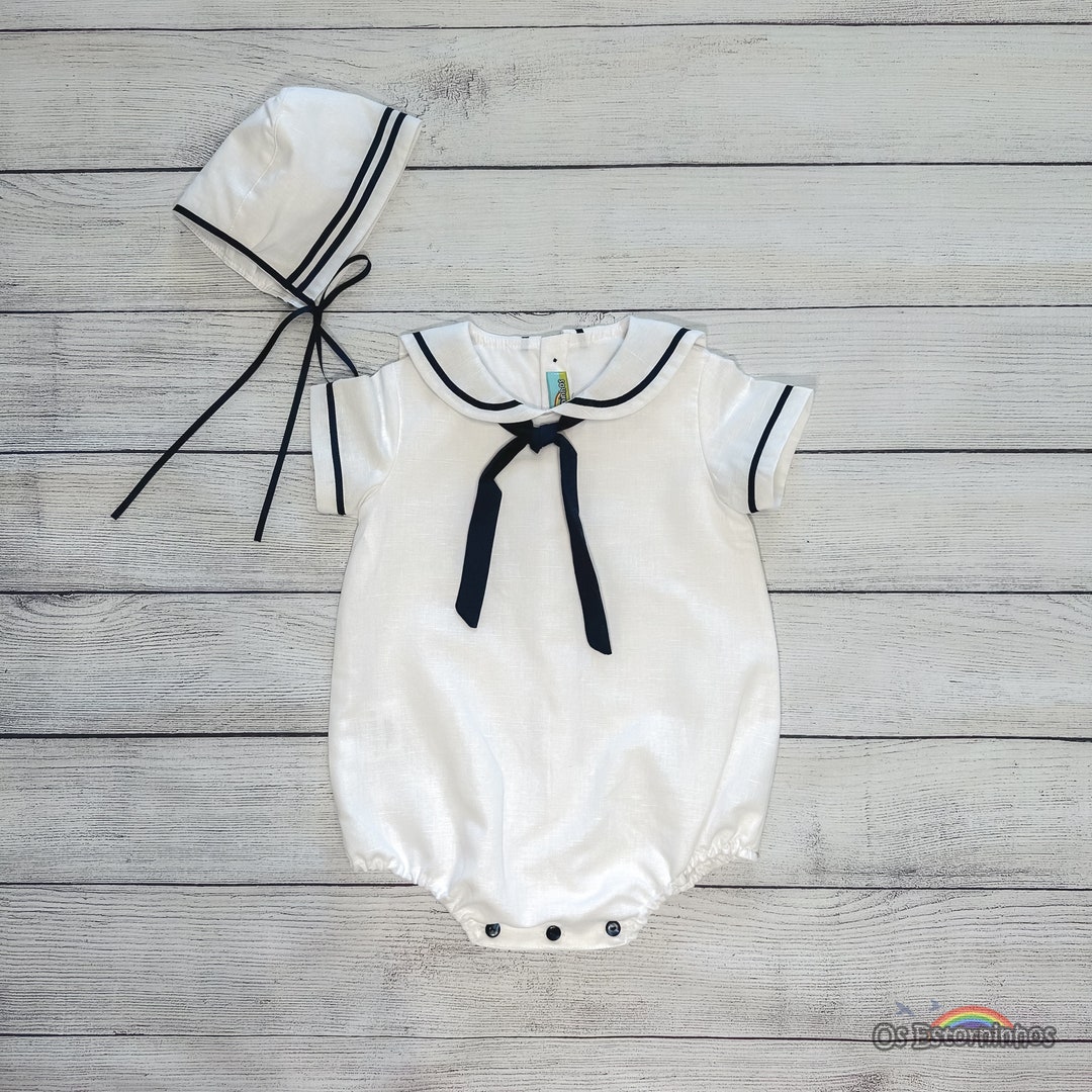 Linen Blend Baby Sailor Romper With Bonnet: Nautical Outfit - Etsy