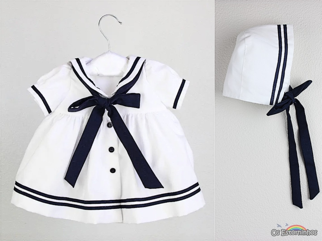 Girls Sailor Dress and Bonnet - Baby Girl White and Navy Blue Sailor ...