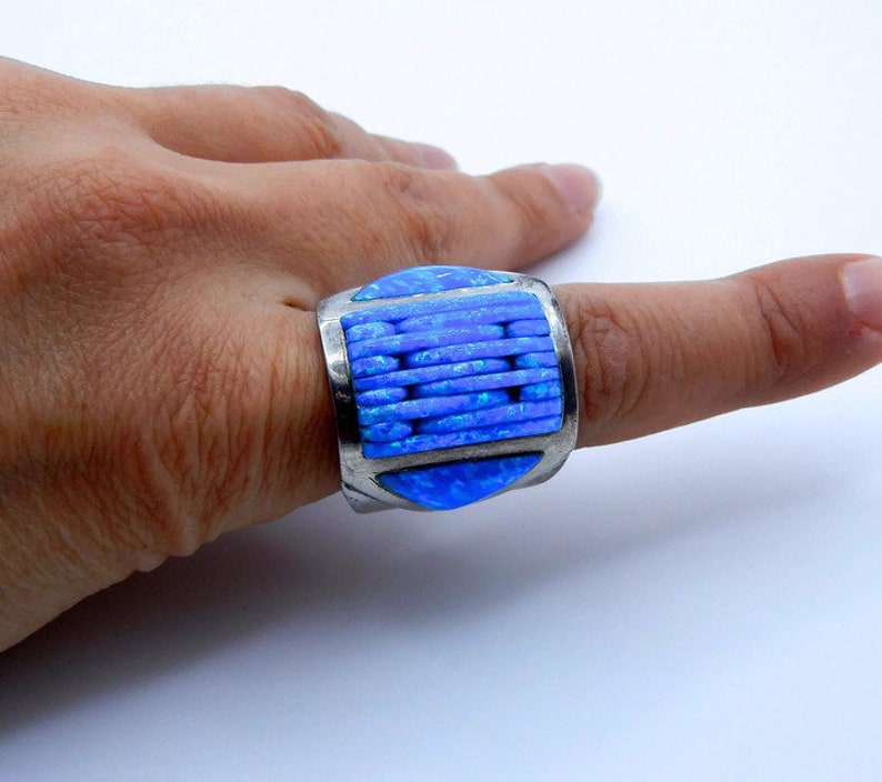 Blue Green Fire Opal Wide Ring in Sterling Silver Signed RL | Etsy