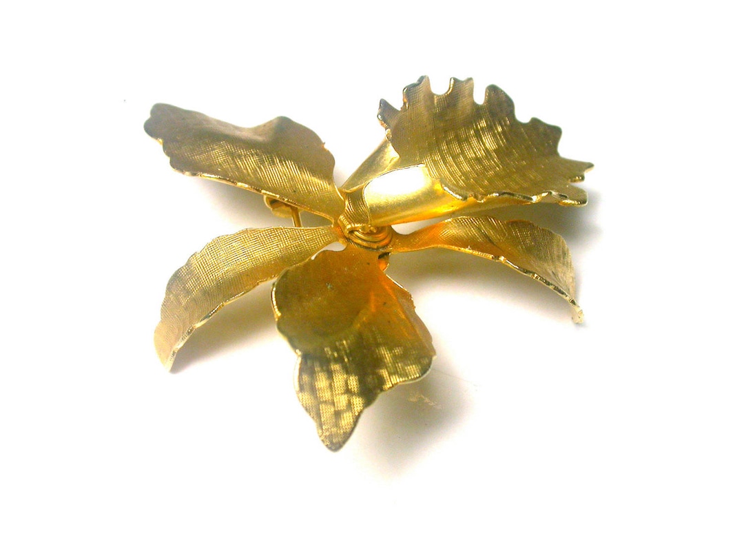 Vintage Orchid Brooch - Gold Tone Flower Pin - Floral - Spring Brooch ...