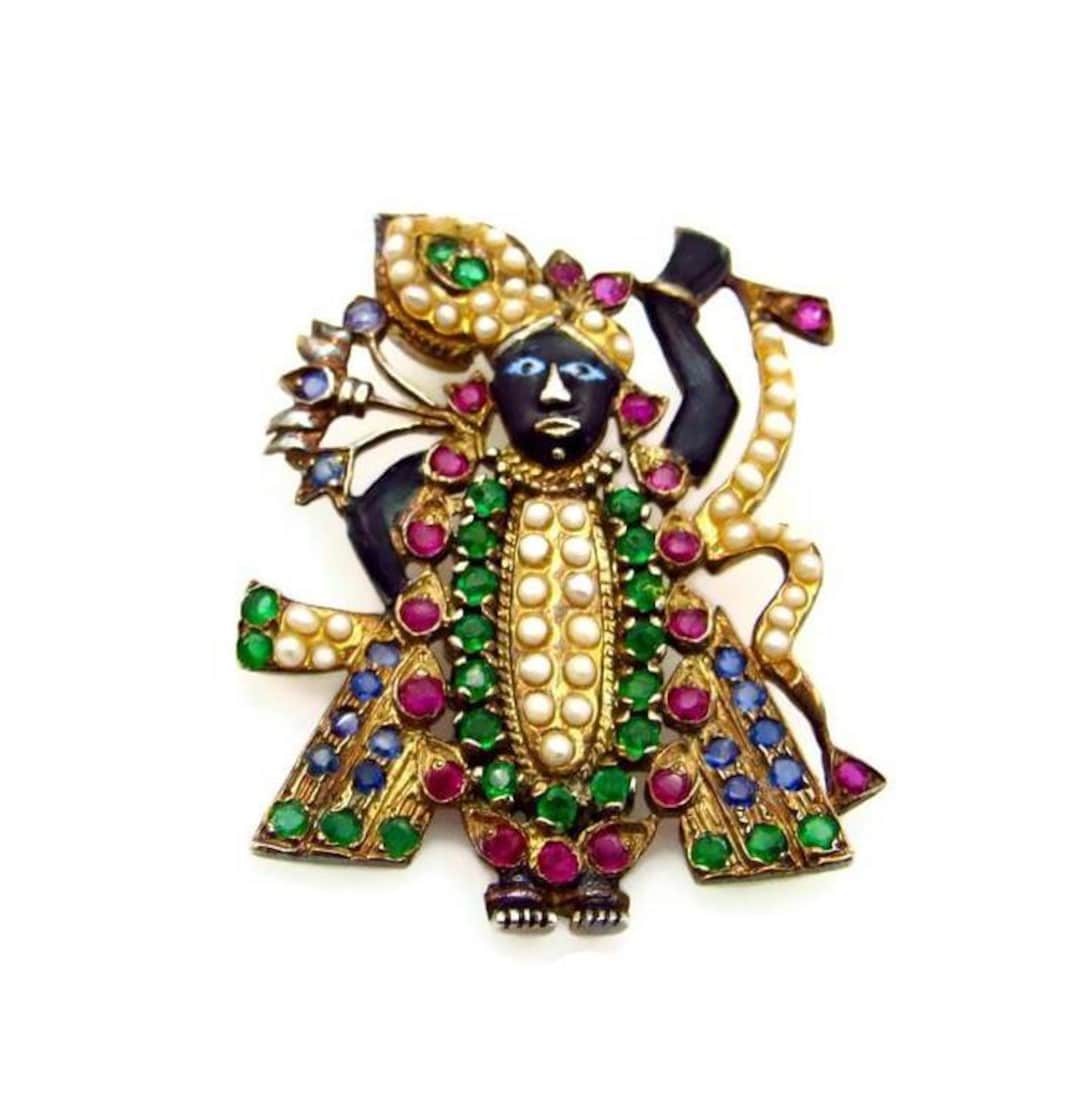Vintage Shrinathji Pendant With Seed Pearls, Sapphires, Emeralds and ...
