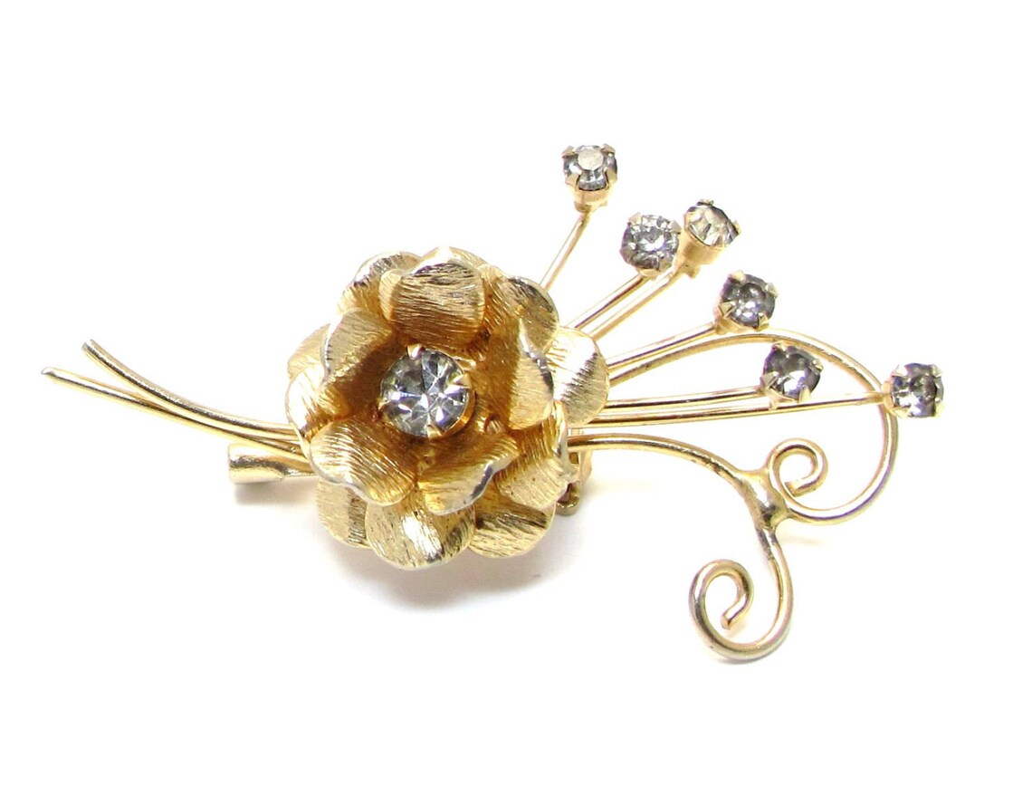 Gold Tone Rose Brooch Flower Rhinestone Costume Pin Prong | Etsy