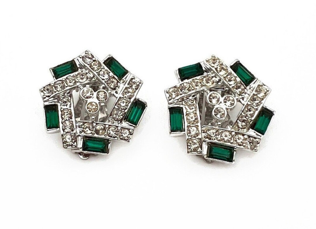 Vintage Sarah Coventry Clip-on Earrings - Silver Tone With Green and ...