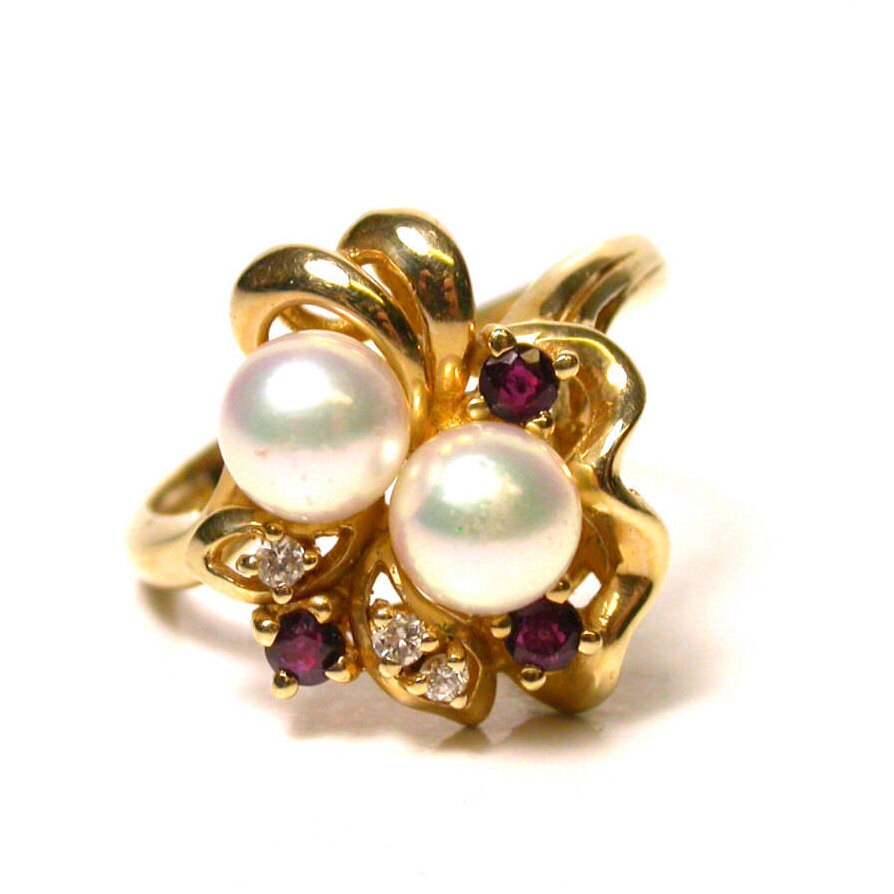 14k Yellow Gold Cultured Pearl Ruby and Diamond Ring Size 8 | Etsy