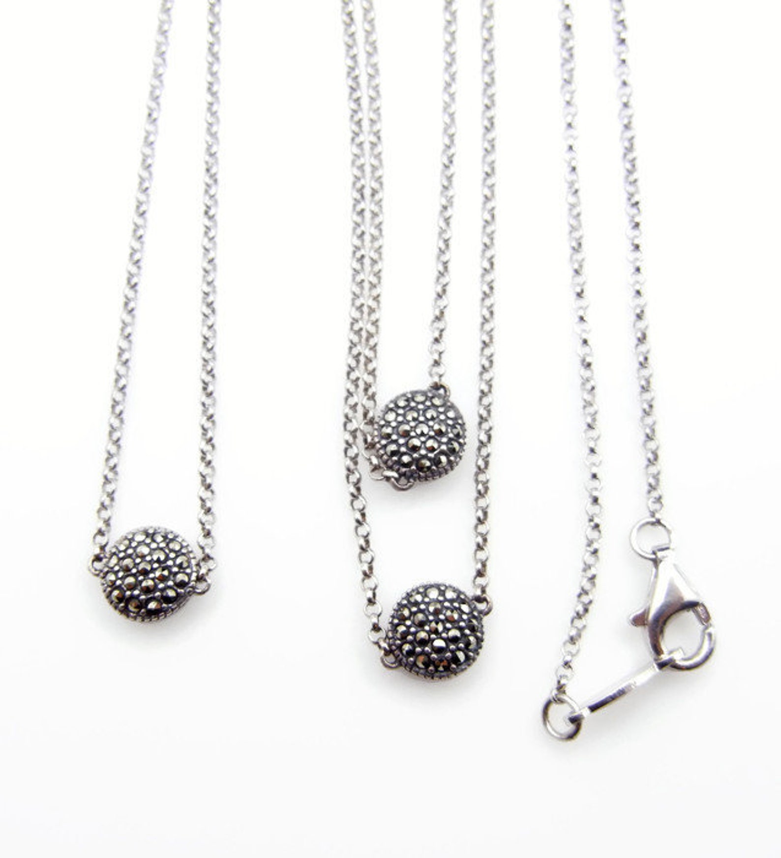 Sterling Silver Marcasite Long Chain 8 Mm Round Marcasite - Etsy