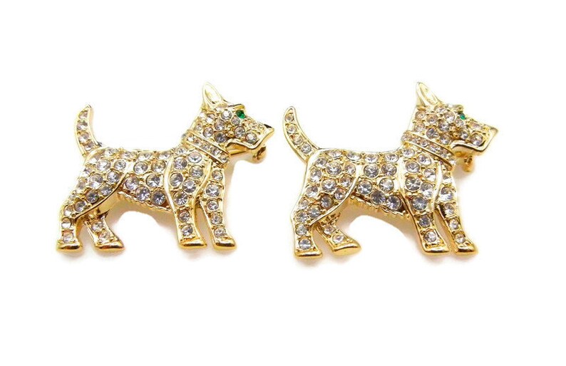 Rhinestone Dog Brooch Pin Set of Two Gold Tone Sparkly - Etsy